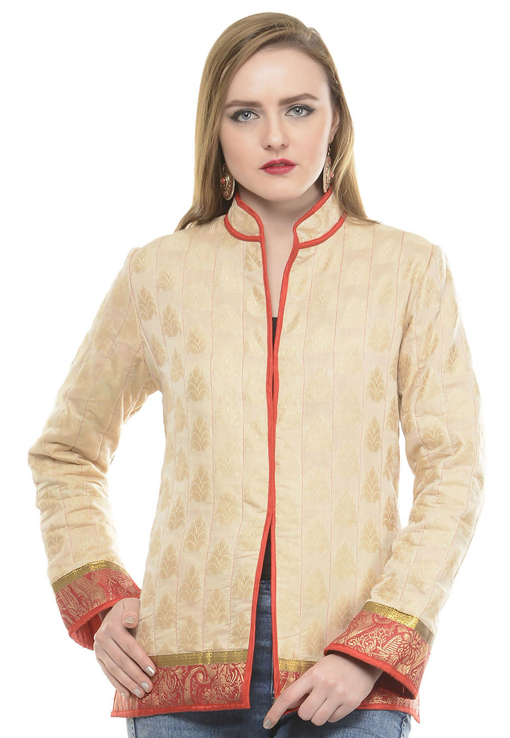 woven-quilted-brocade-silk-jacket-in-beige - Utsav Fashion Blog