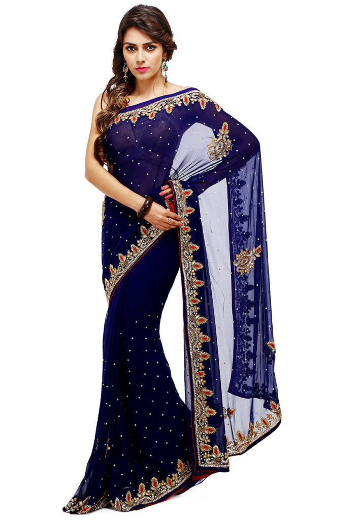 royal-blue-stone-work-saree - Utsav Fashion Blog