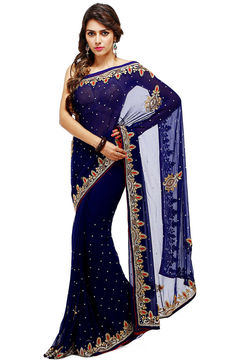 royal-blue-stone-work-saree - Utsav Fashion Blog