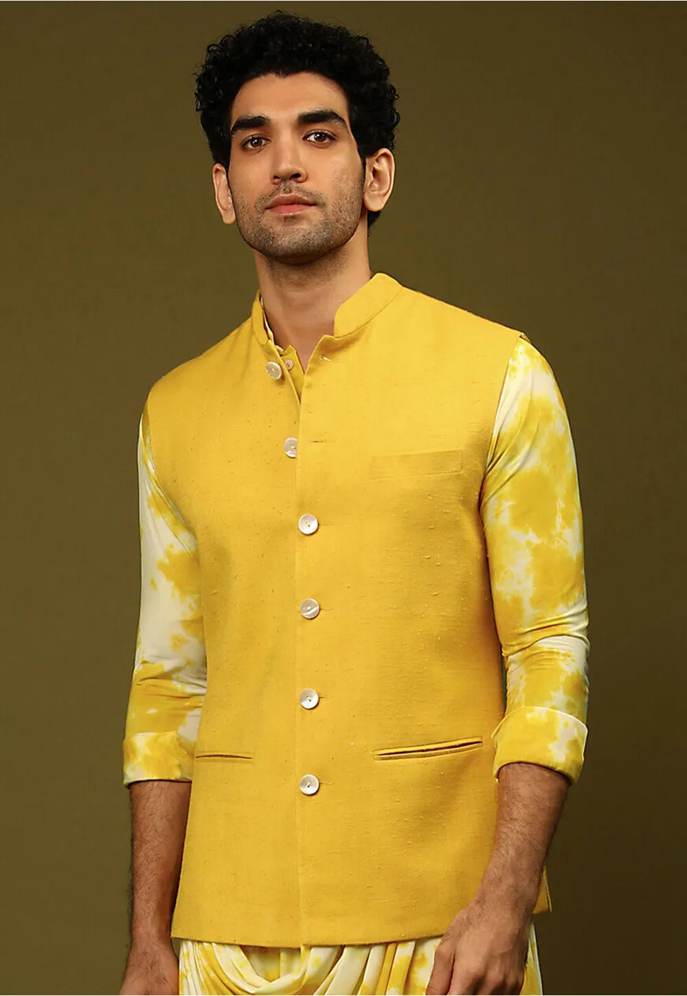 solid-color-satin-nehru-jacket-in-yellow-v1-mat453 - Utsav Fashion Blog