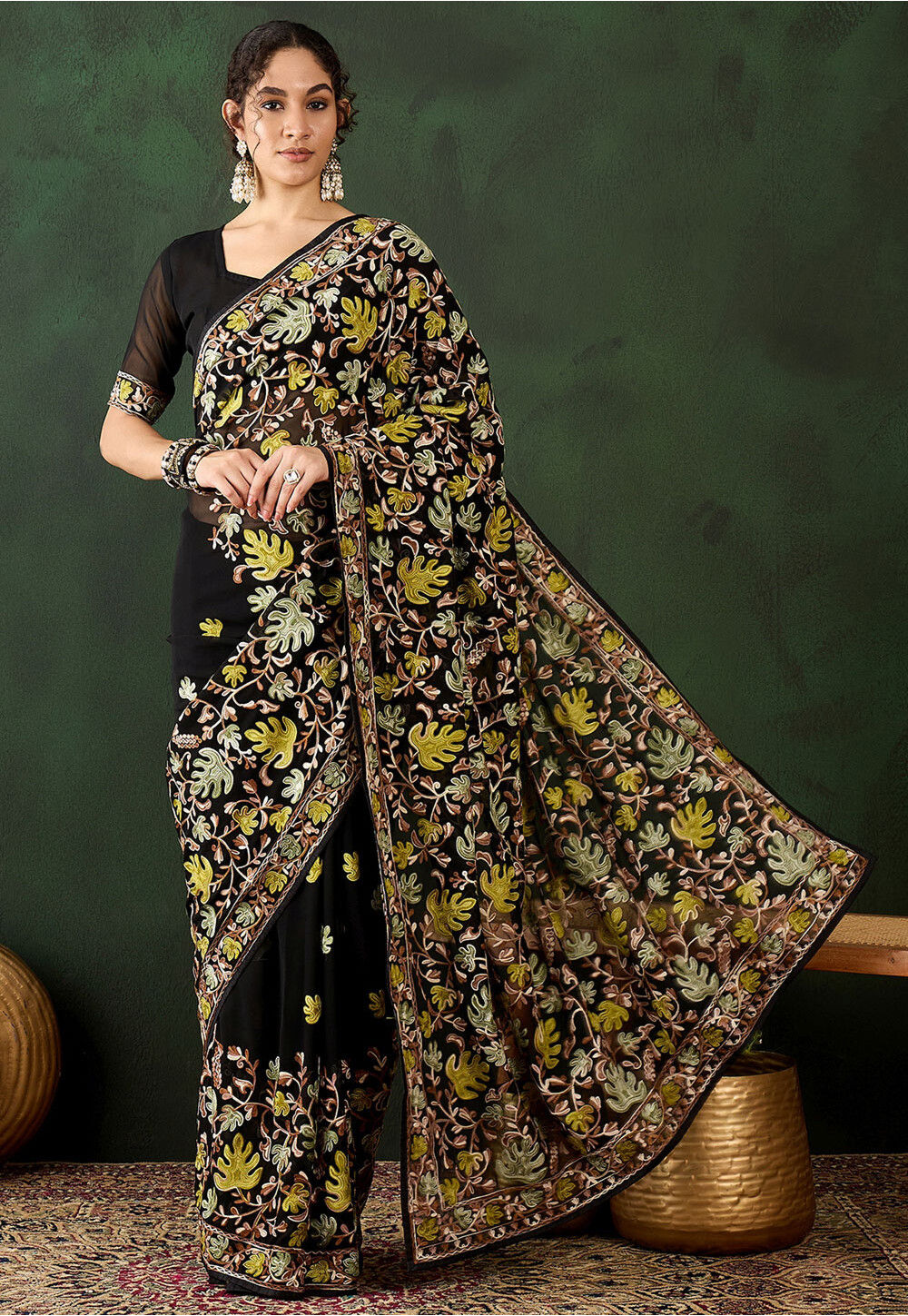 Buy Aari Embroidered Georgette Saree in Black Online : SSKT828 - Utsav ...
