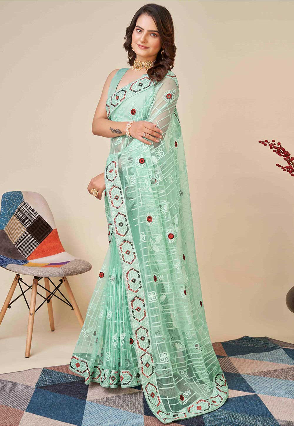 Buy Aari Embroidered Net Saree in Sea Green Online : SPTA12820 - Utsav ...