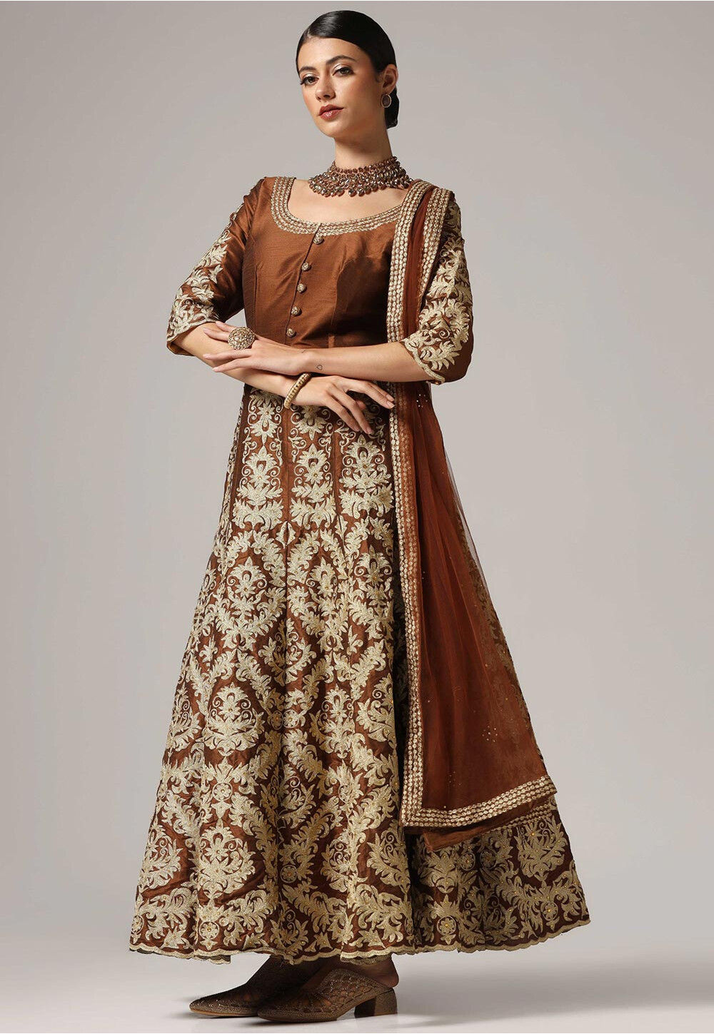 Buy Aari Embroidered Raw Silk Abaya Style Suit in Brown Online : KPK297 ...