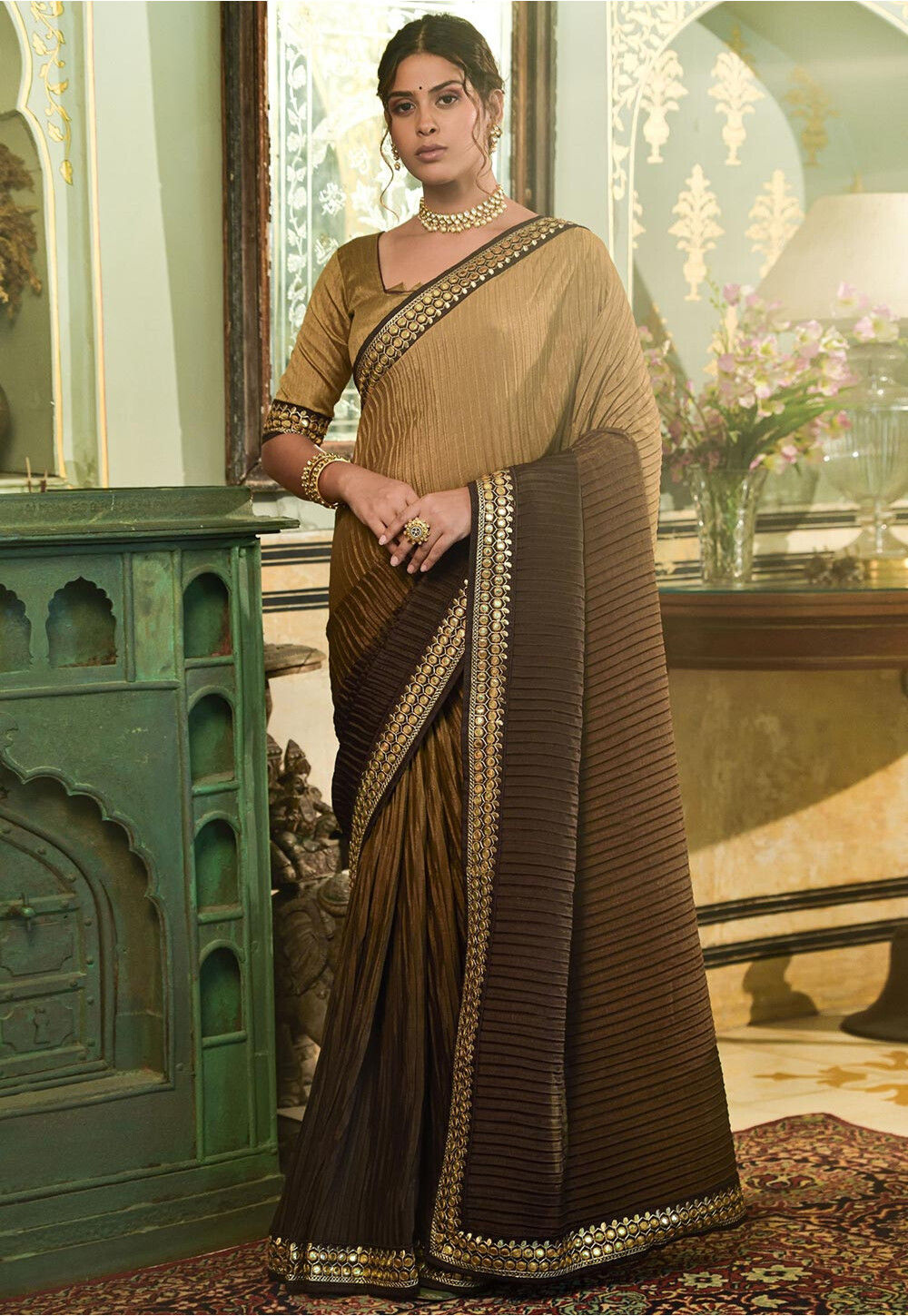 Buy Accordion Pleated Polyester Saree in Shaded Beige and Brown Online ...