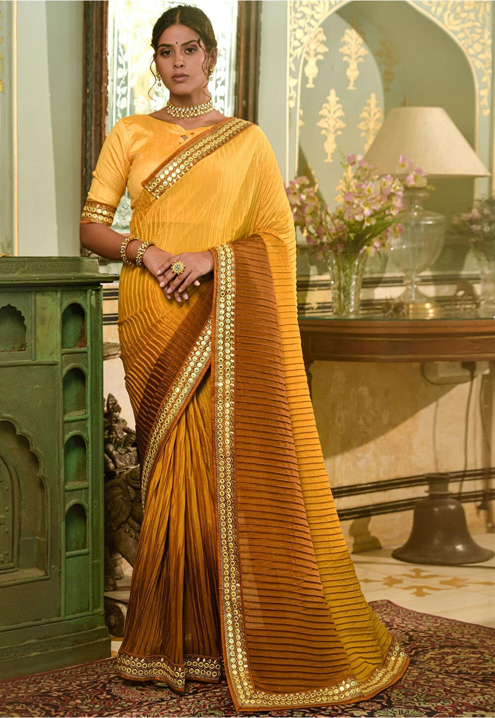 Buy Accordion Pleated Polyester Saree in Shaded Mustard and Brown ...