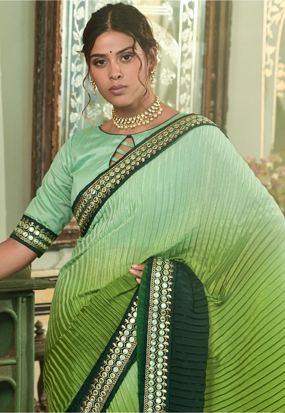 Accordion Pleated Polyester Saree in Shaded Sea Green and Green : SPF6769