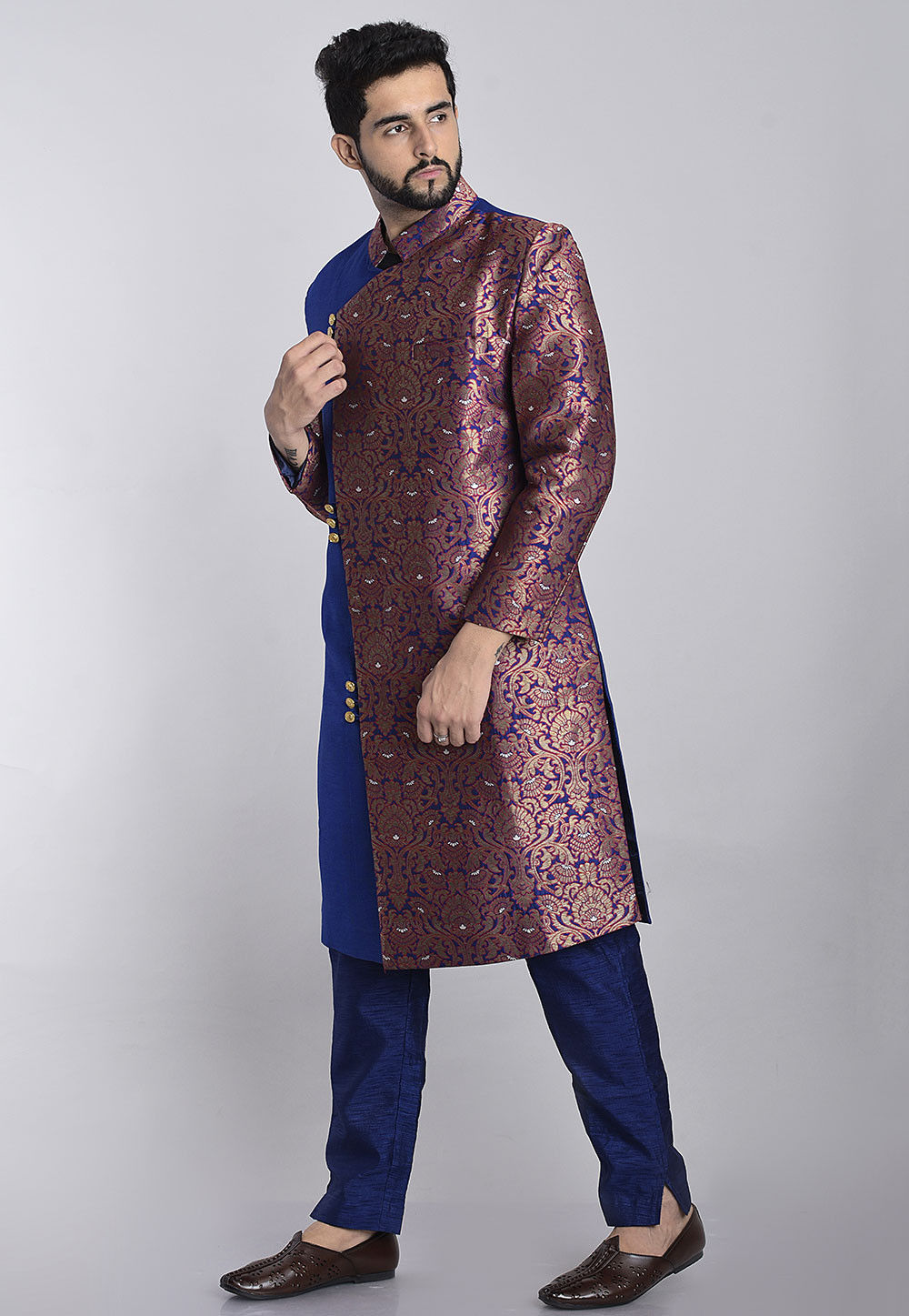 Buy Banarasi Brocade Sherwani in Blue Online : MTE416 - Utsav Fashion