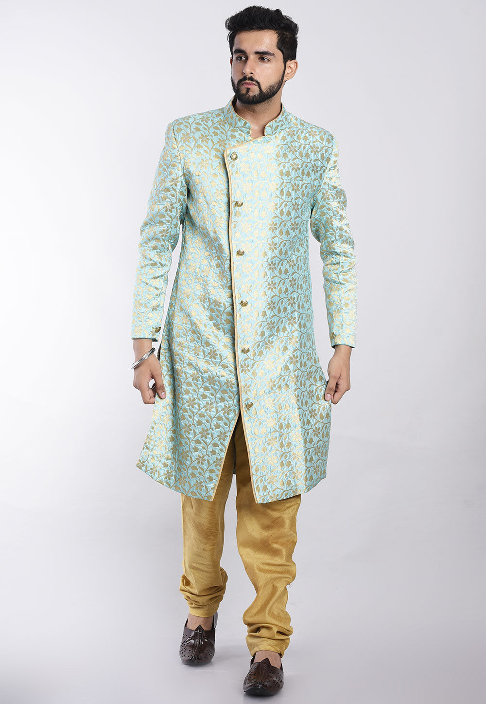 Buy Banarasi Brocade Sherwani in Sea Green Online : MTE429 - Utsav Fashion