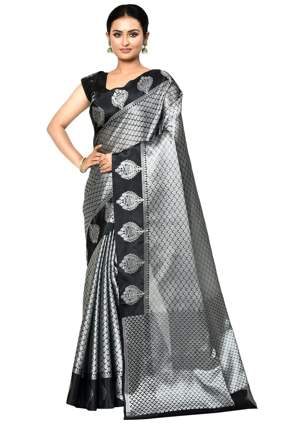 Buy Banarasi Organza Tanchoi Saree in Dark Grey Online : SDBA564 ...