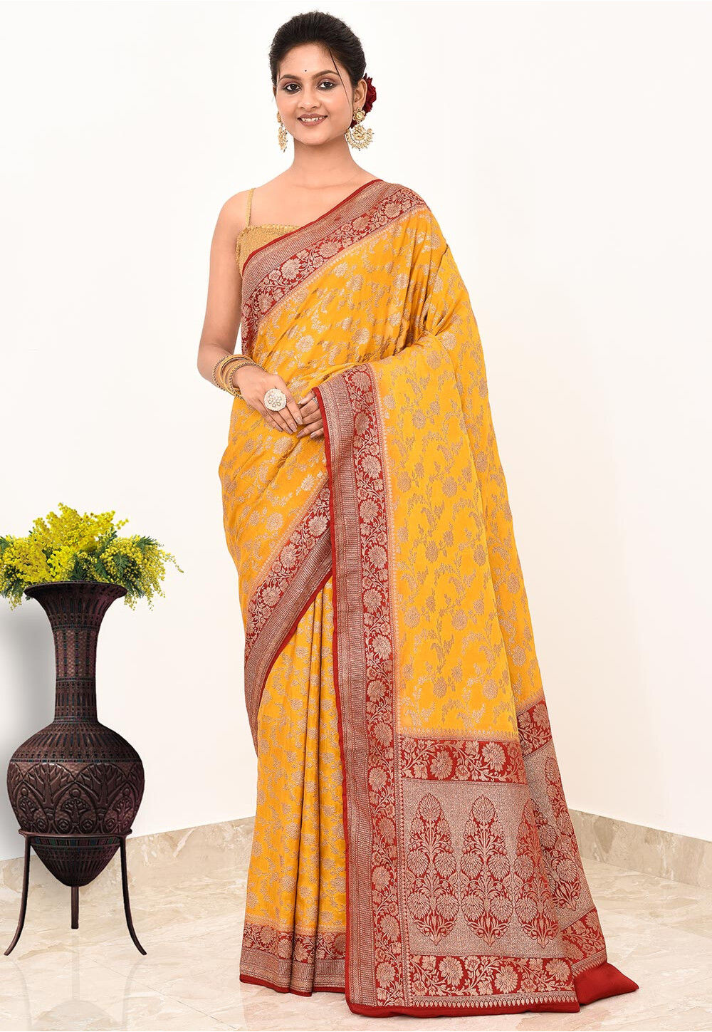 Buy Banarasi Pure Crepe Silk Saree in Yellow Online : SGWA199 - Utsav ...