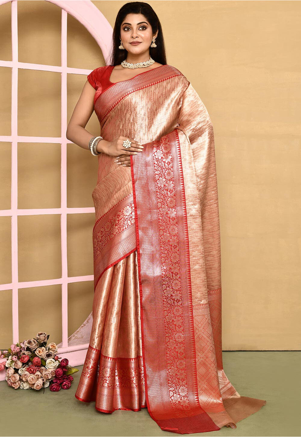 Buy Banarasi Saree in Golden and Red Online : SNCA615 - Utsav Fashion