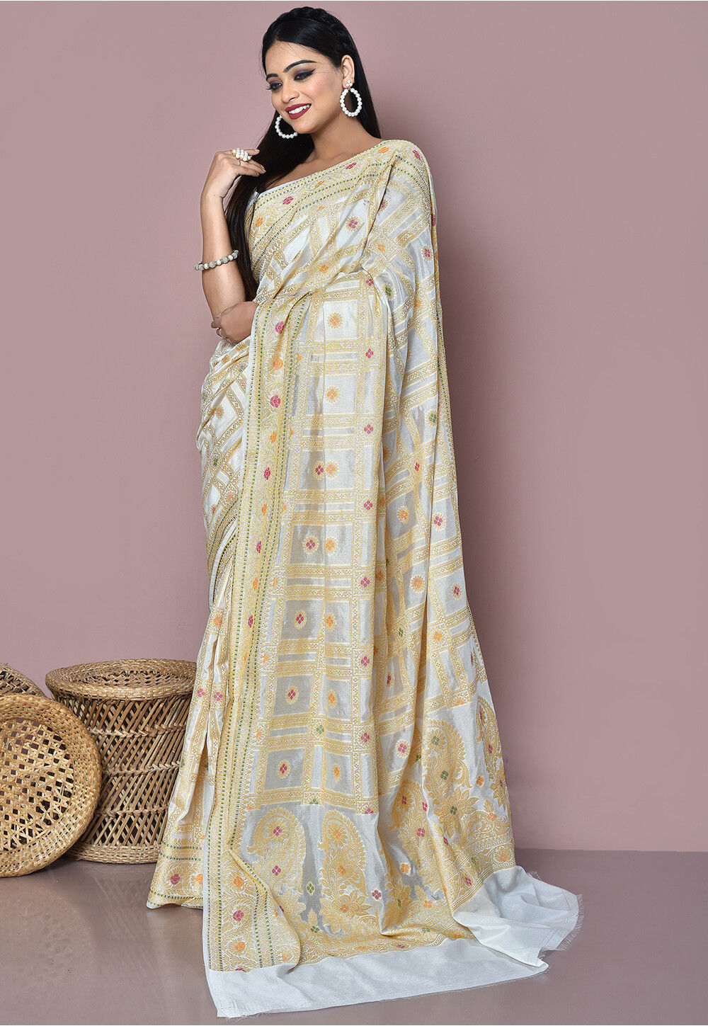 Banarasi Silk Saree in Off White : SNEA2602
