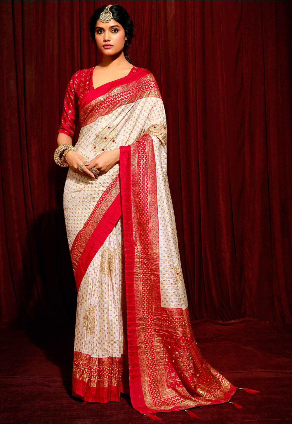 Buy Bandhej Printed Art Silk Saree in Cream Online : SEW15807 - Utsav ...