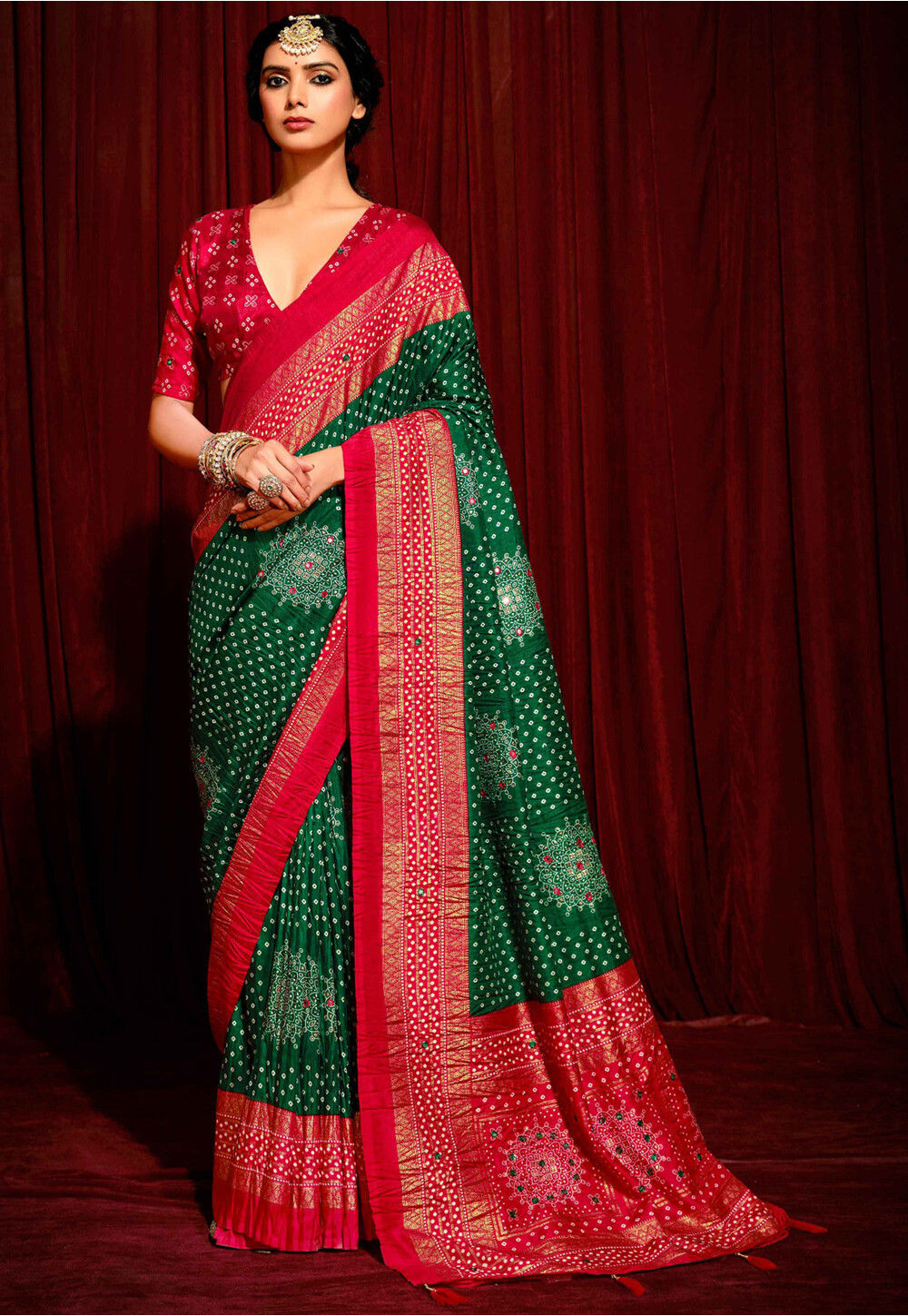 Buy Bandhej Printed Art Silk Saree in Dark Green Online : SEW15800 ...