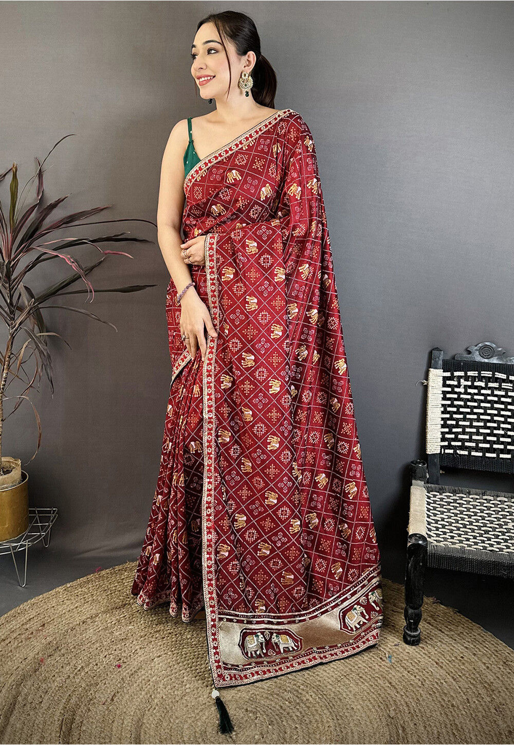 Buy Bandhej Printed Art Silk Saree in Maroon Online : SEJ2427 - Utsav ...