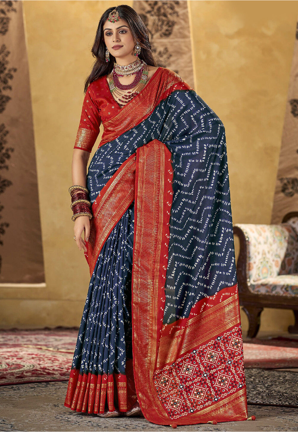Buy Bandhej Printed Art Silk Saree in Navy Blue Online : SEW15291 ...