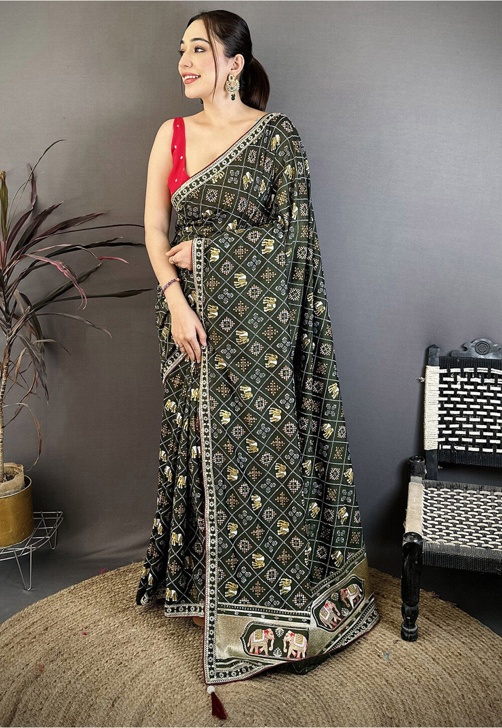 Buy Bandhej Printed Art Silk Saree in Olive Green Online : SEJ2428 ...