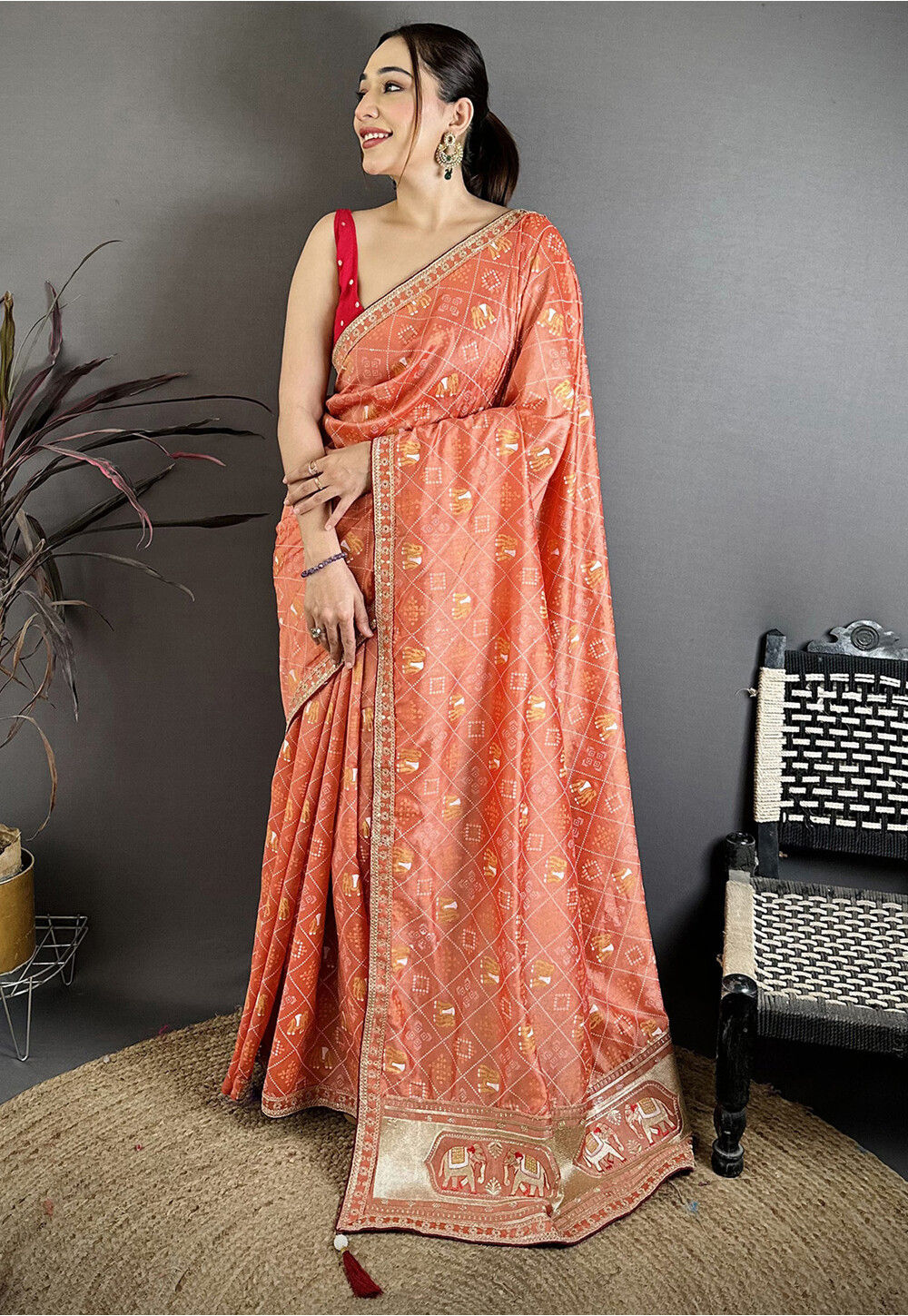Buy Bandhej Printed Art Silk Saree in Peach Online : SEJ2432 - Utsav ...