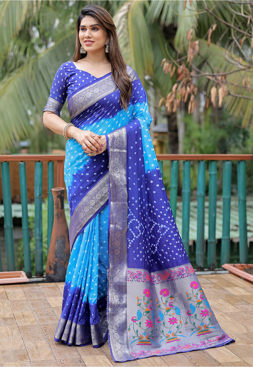 Buy Bandhej Printed Art Silk Saree in Sky Blue and Blue Online ...