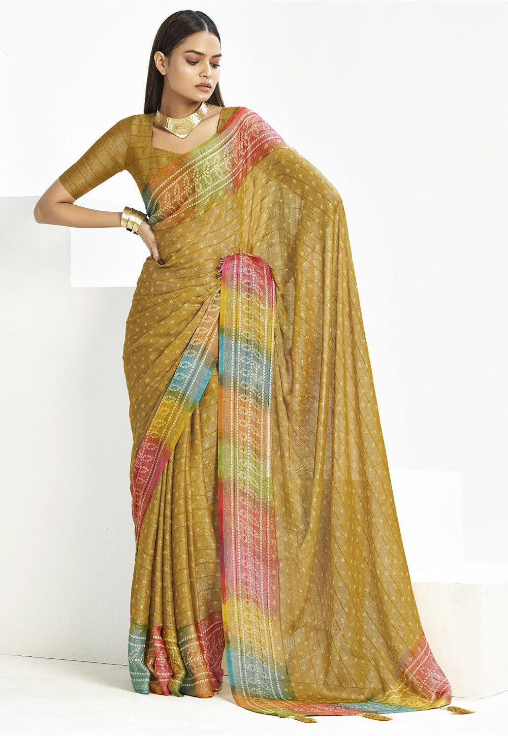 Buy Bandhej Printed Chiffon Brasso Saree in Olive Green Online ...