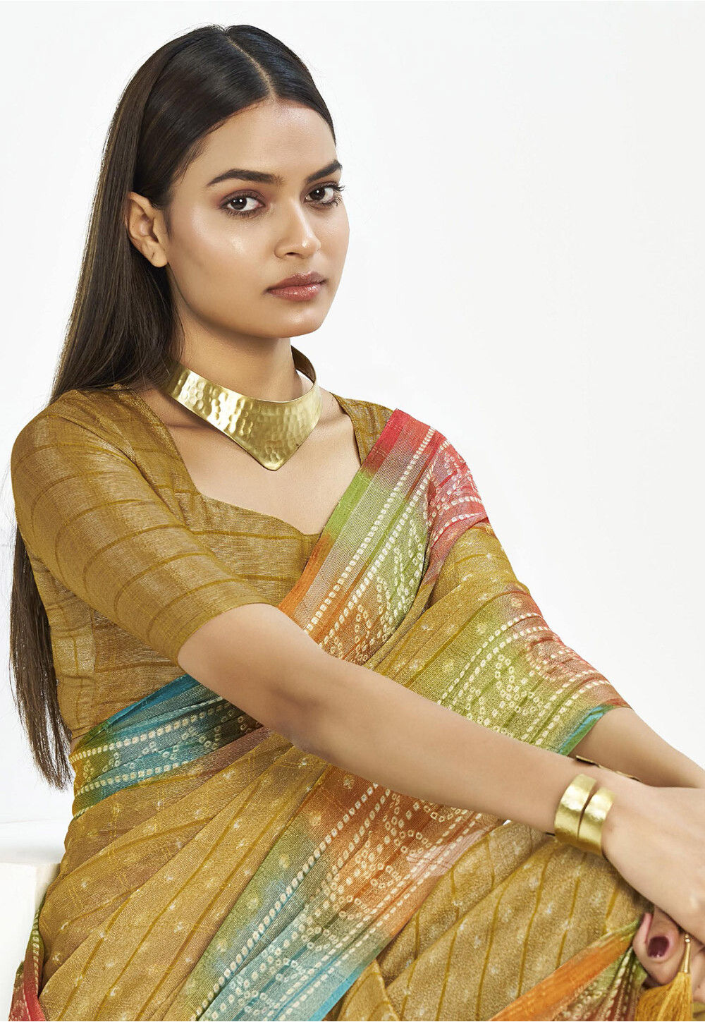 Buy Bandhej Printed Chiffon Brasso Saree in Olive Green Online ...