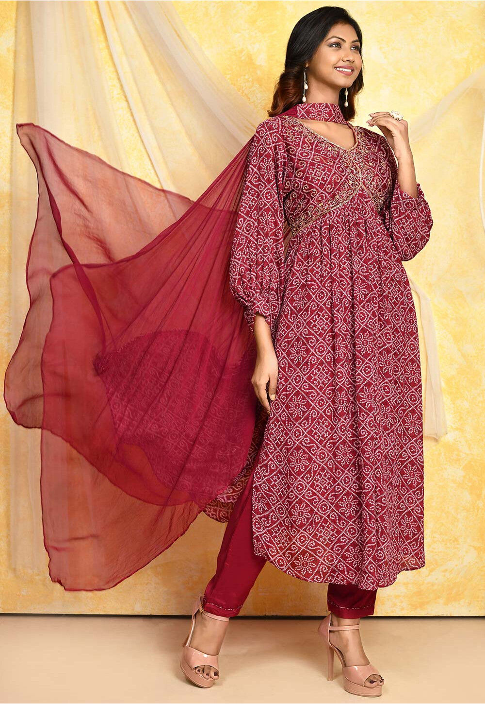 Buy Bandhej Printed Chiffon Pakistani Suit in Maroon Online : KNH112 ...