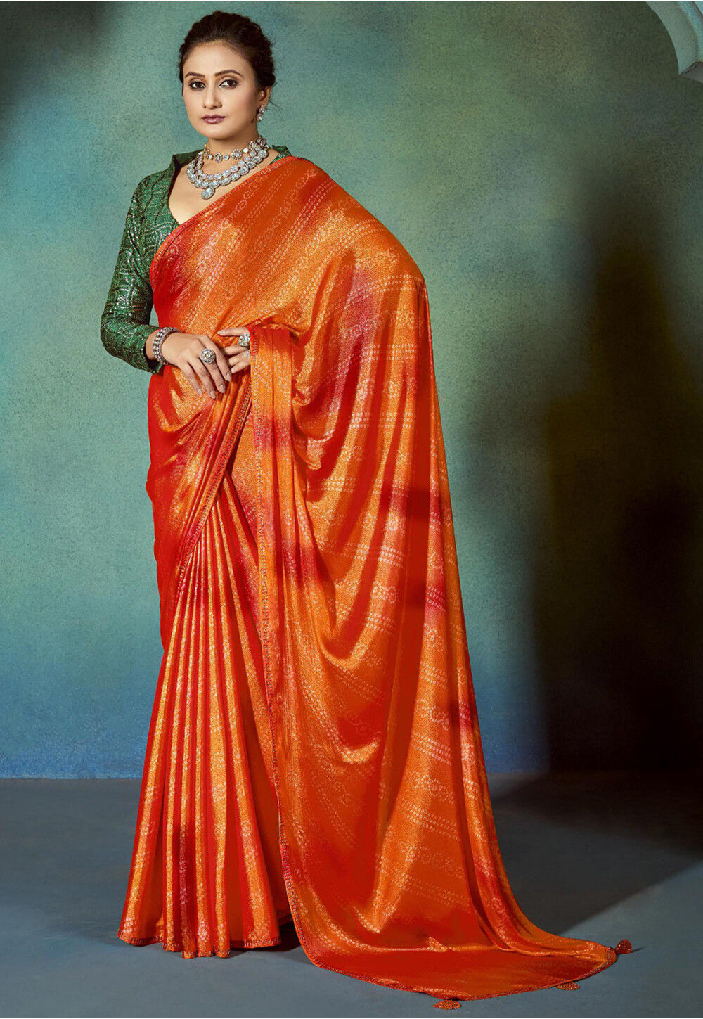 Buy Bandhej Printed Chiffon Saree in Orange and Red Online : SEW15625 ...