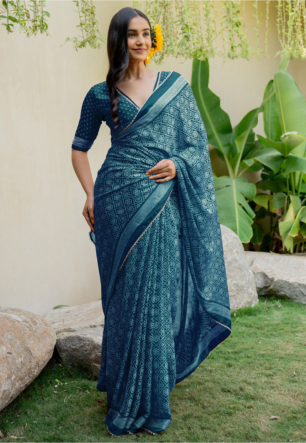 Buy Bandhej Printed Chiffon Saree in Teal Blue Online : SBH2345 - Utsav ...