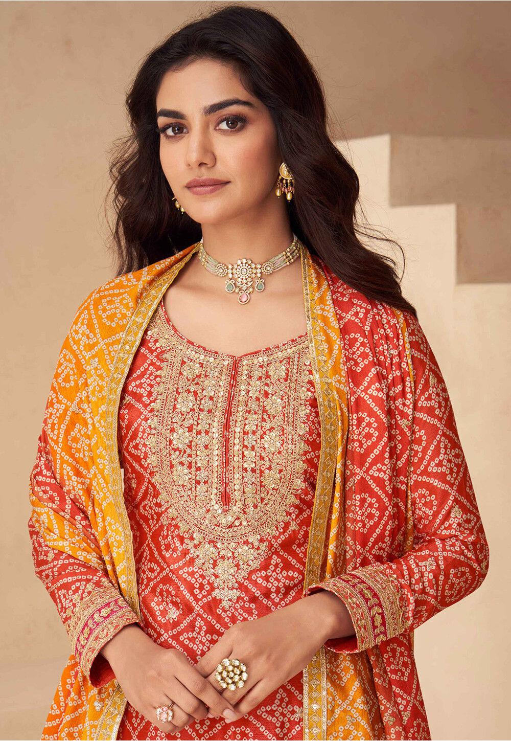 Buy Bandhej Printed Chinon Silk Pakistani Suit in Orange Online ...