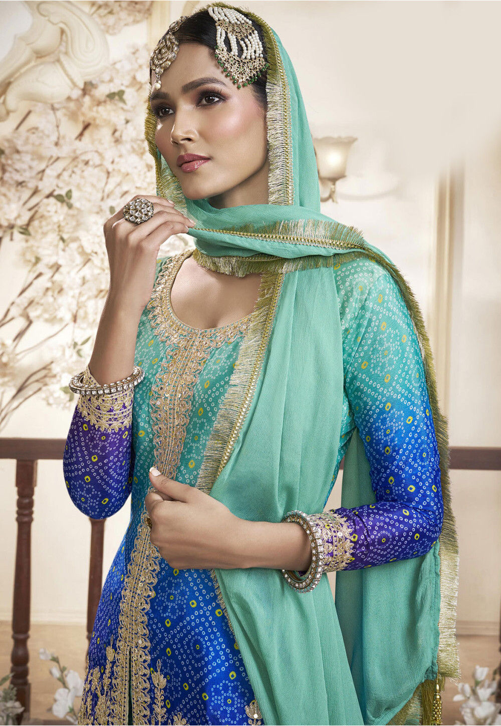 Buy Bandhej Printed Chinon Silk Pakistani Suit in Turquoise and Blue ...