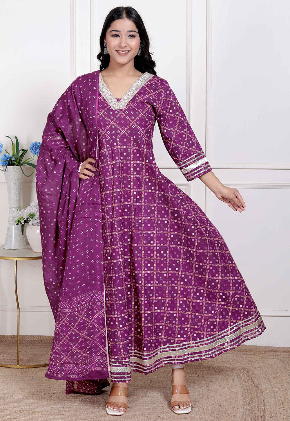 Buy Bandhej Printed Cotton Abaya Style Suit in Purple Online : KFT352 ...