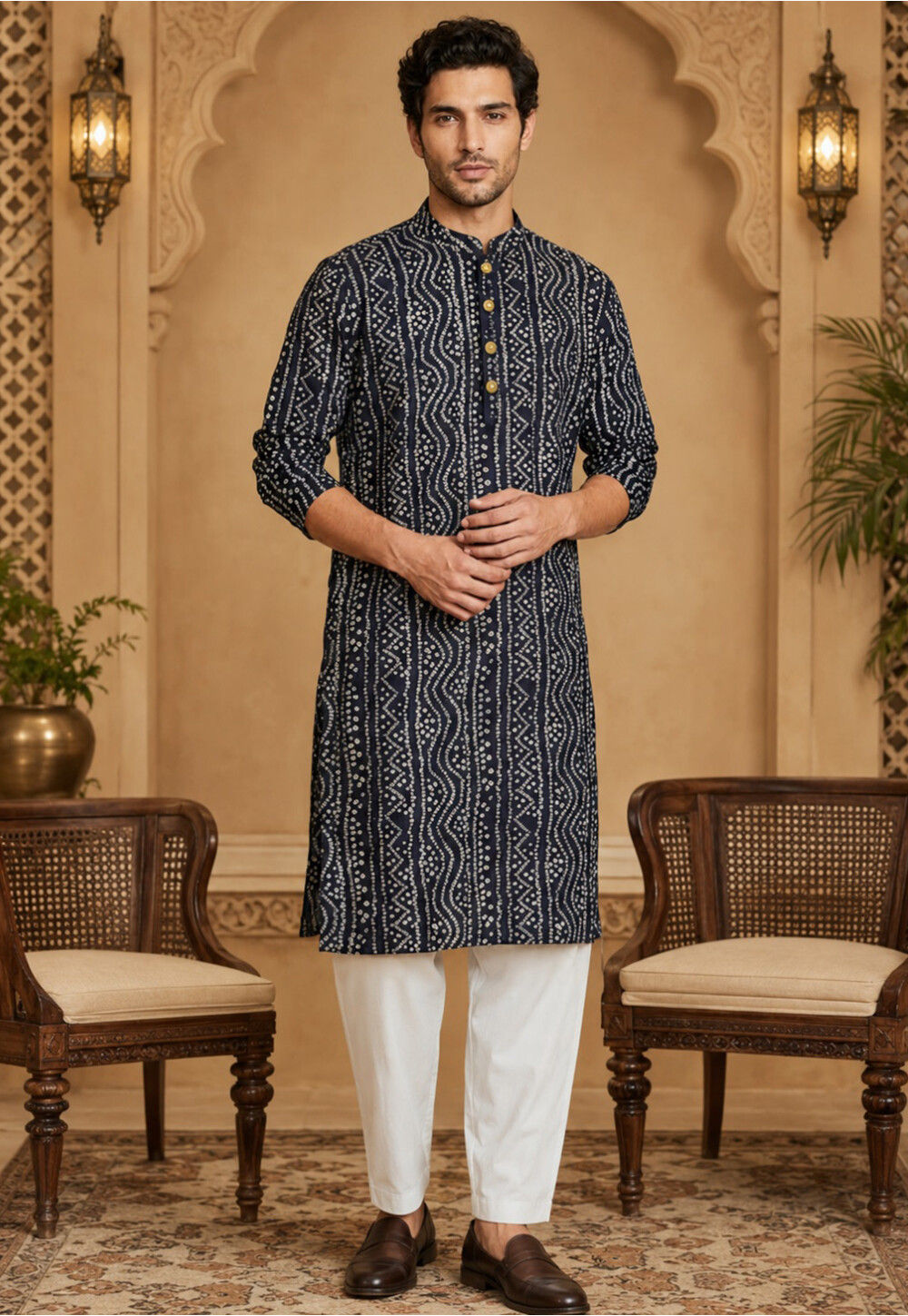 Buy Bandhej Printed Cotton Silk Kurta in Navy Blue Online : MNR378 ...