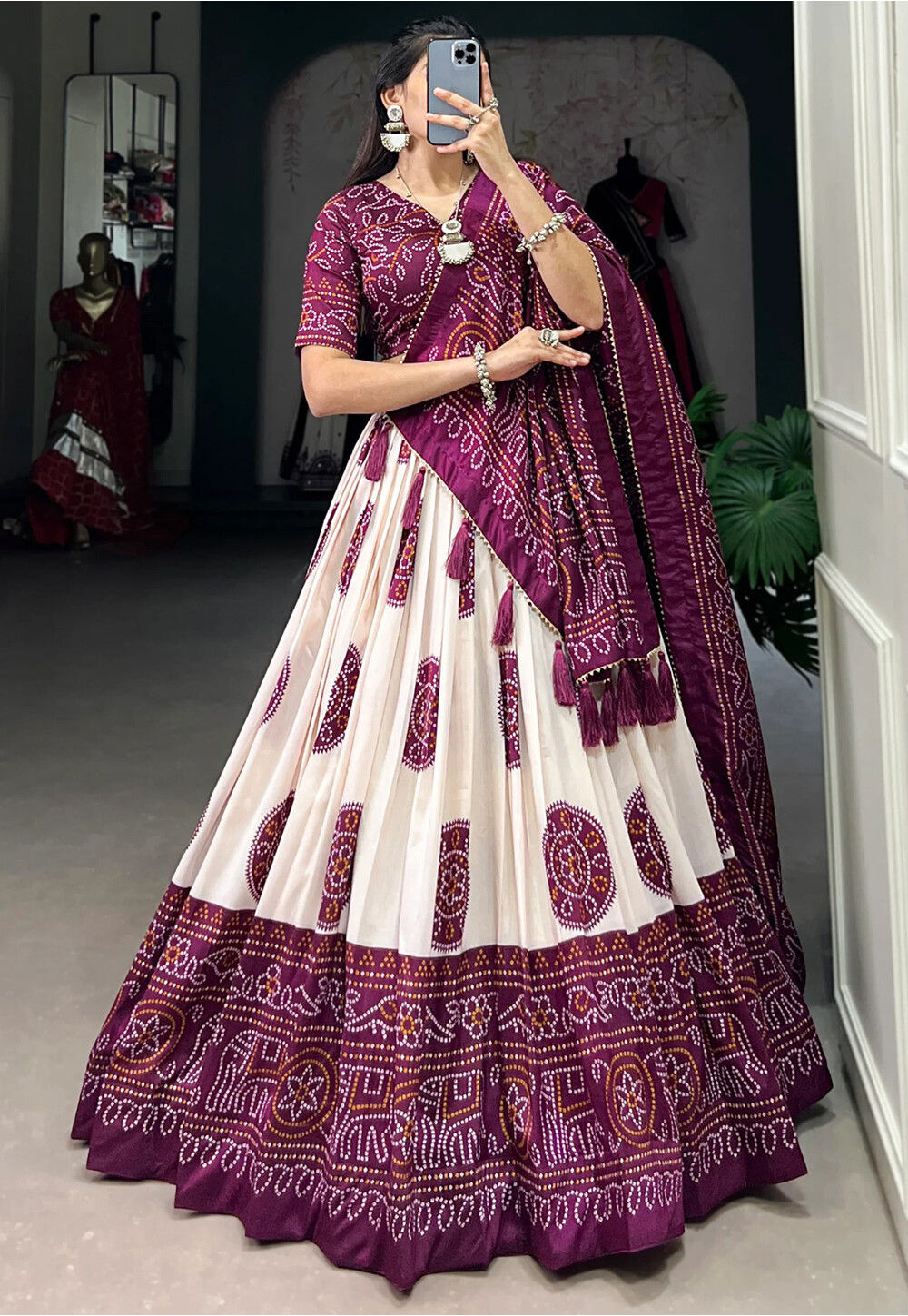 Buy Bandhej Printed Crepe Lehenga in Off White and Violet Online ...