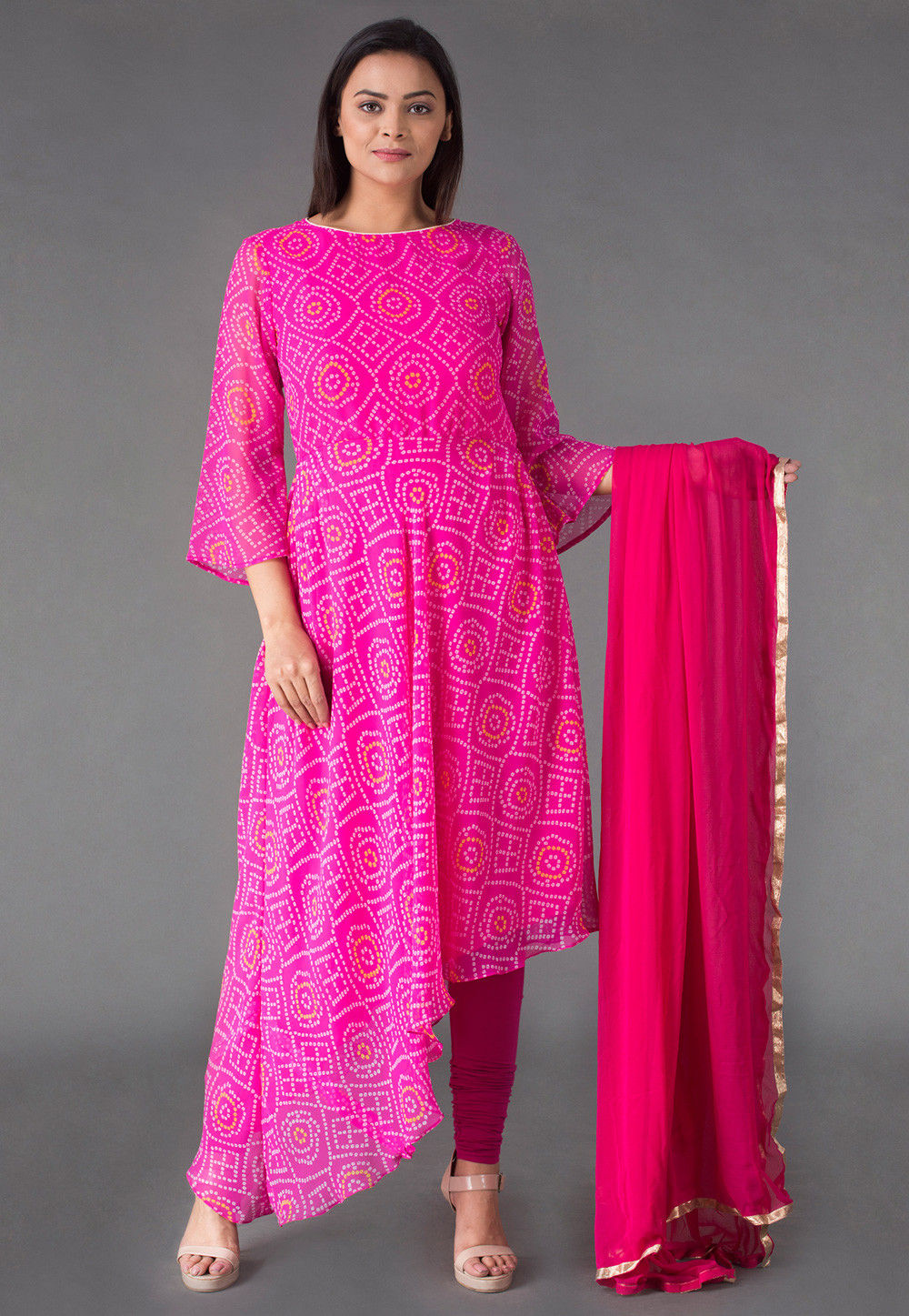 Buy Bandhej Printed Georgette Asymmetrical Suit in Fuchsia Online ...