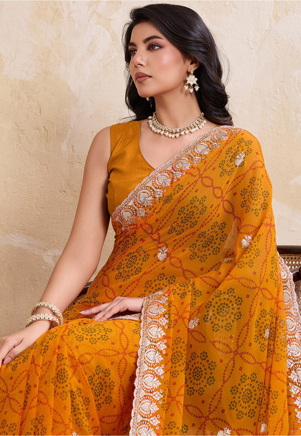 Buy Bandhej Printed Georgette Scalloped Saree in Mustard Online ...