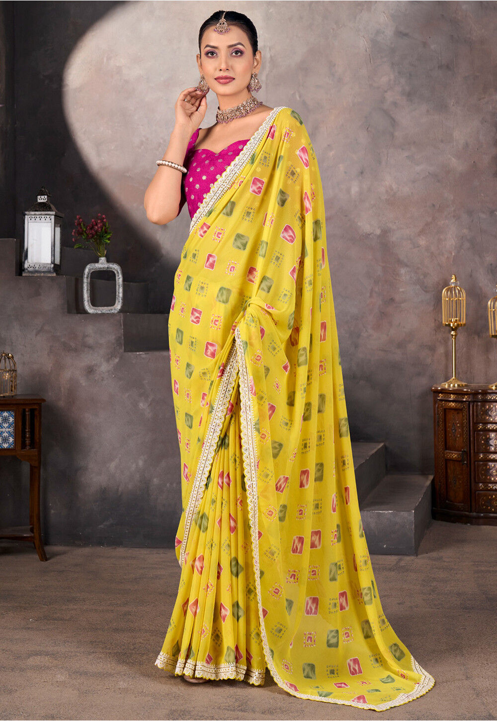 Buy Bandhej Printed Georgette Scalloped Saree in Yellow Online ...