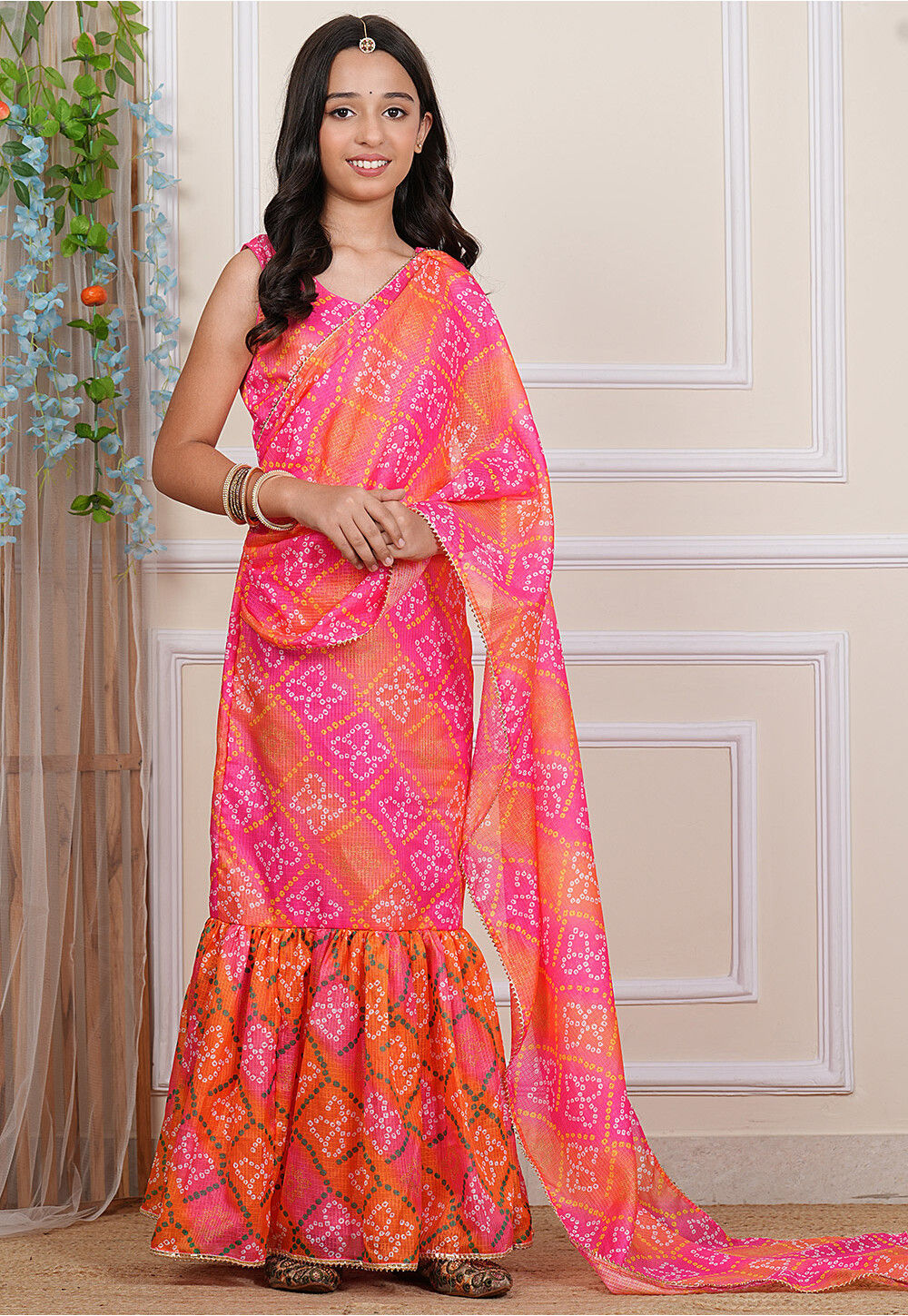 Buy Bandhej Printed Kota Silk Gown with Attached Dupatta in Multicolor ...