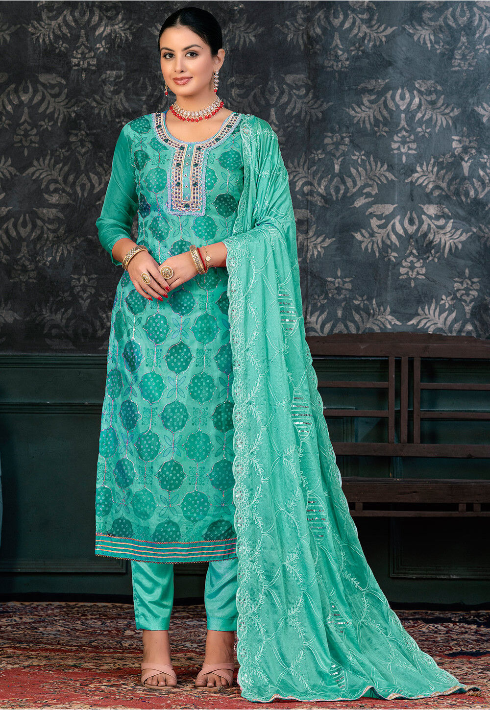 Buy Bandhej Printed Organza Pakistani Suit in Turquoise Online ...