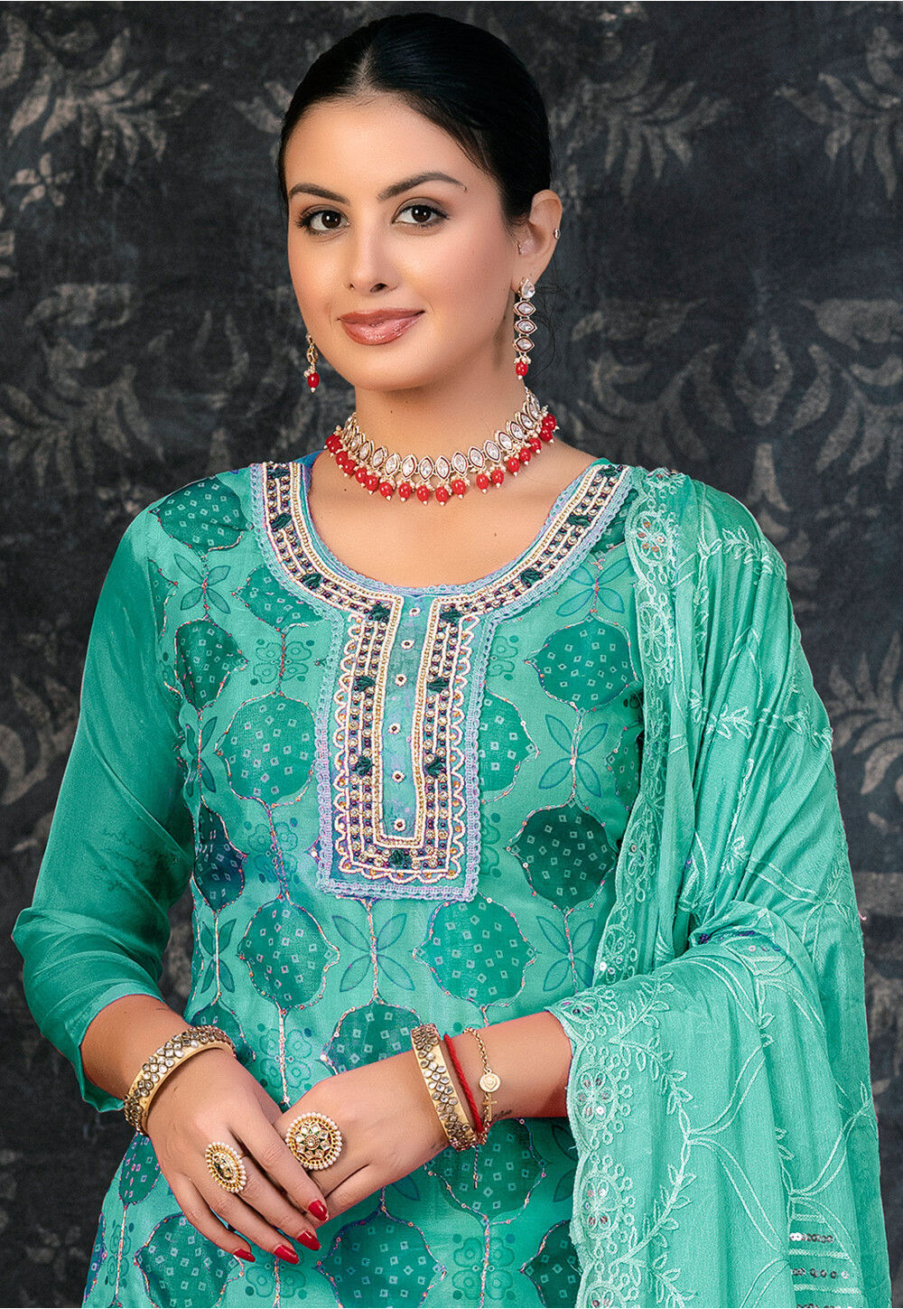 Buy Bandhej Printed Organza Pakistani Suit in Turquoise Online ...