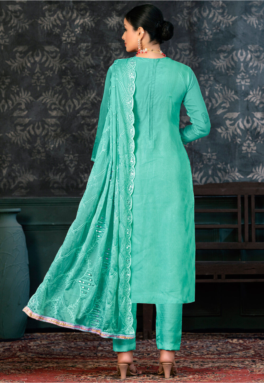 Buy Bandhej Printed Organza Pakistani Suit in Turquoise Online ...