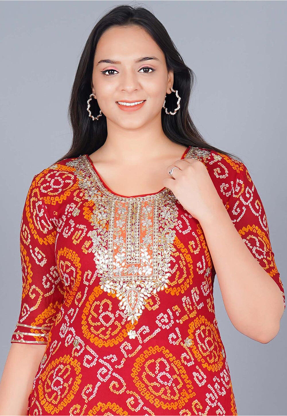 Buy Bandhej Printed Pure Chinon Crepe Straight Suit in Red Online ...