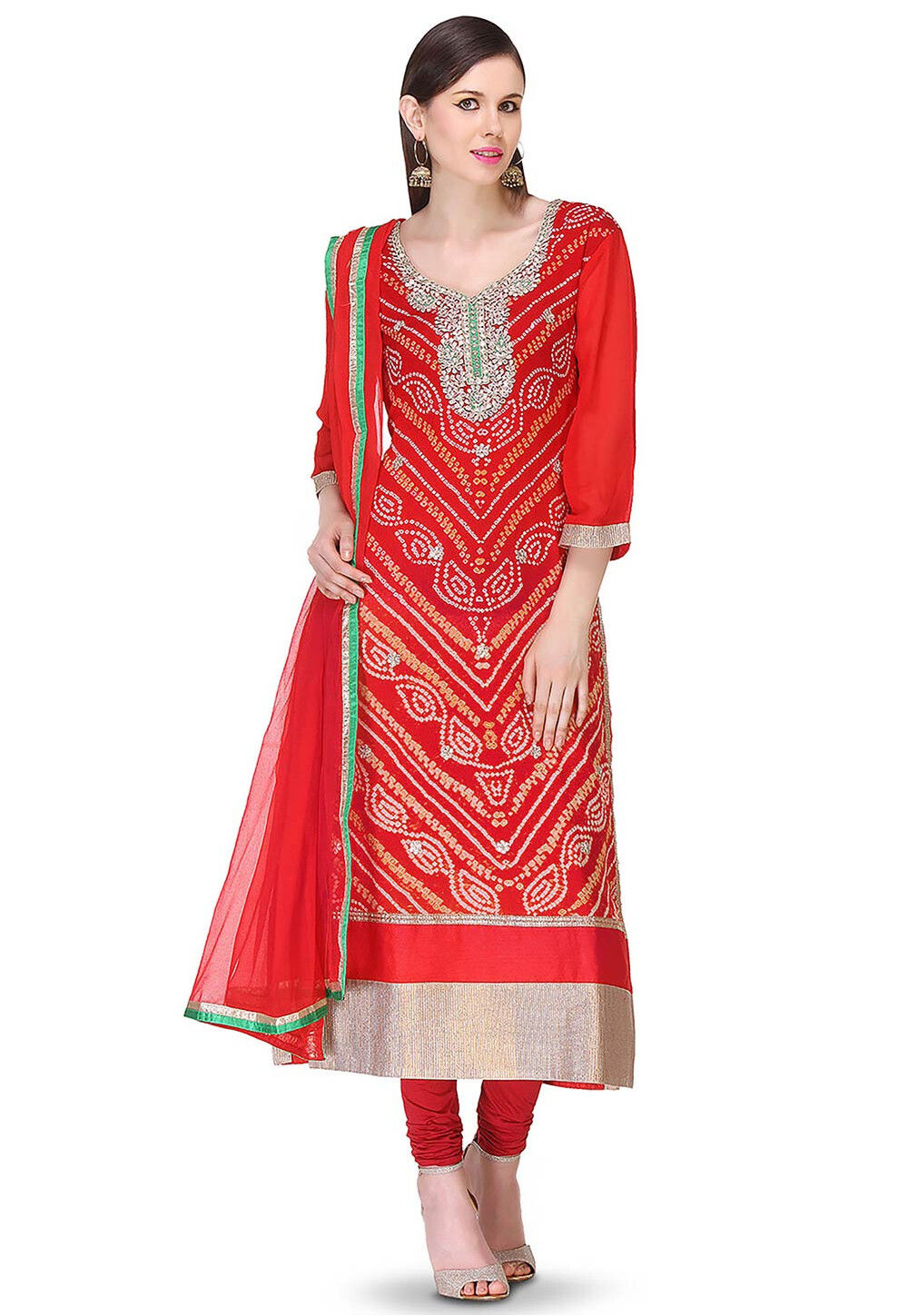 Buy Bandhej Printed Pure Chinon Crepe Straight Suit in Red Online ...