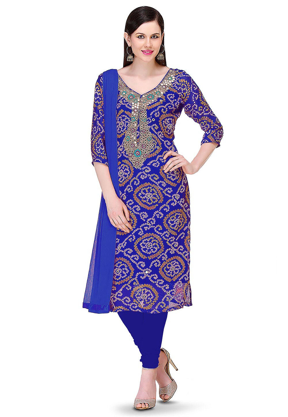 Buy Bandhej Printed Pure Chinon Crepe Straight Suit in Royal Blue ...
