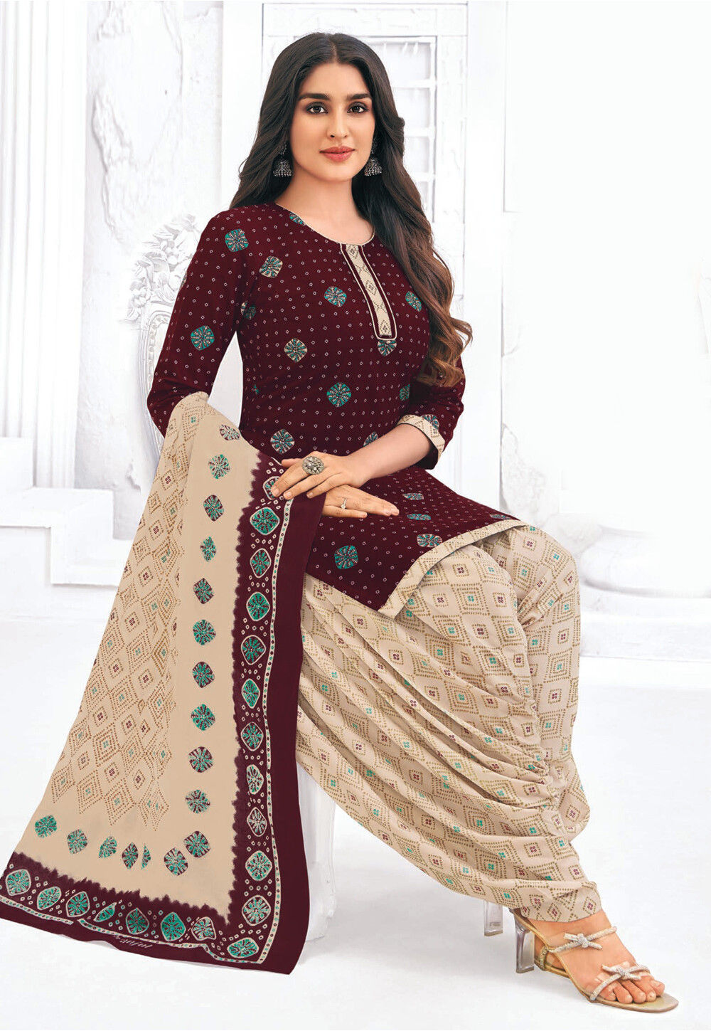 Buy Bandhej Printed Pure Cotton Punjabi Suit in Maroon Online ...