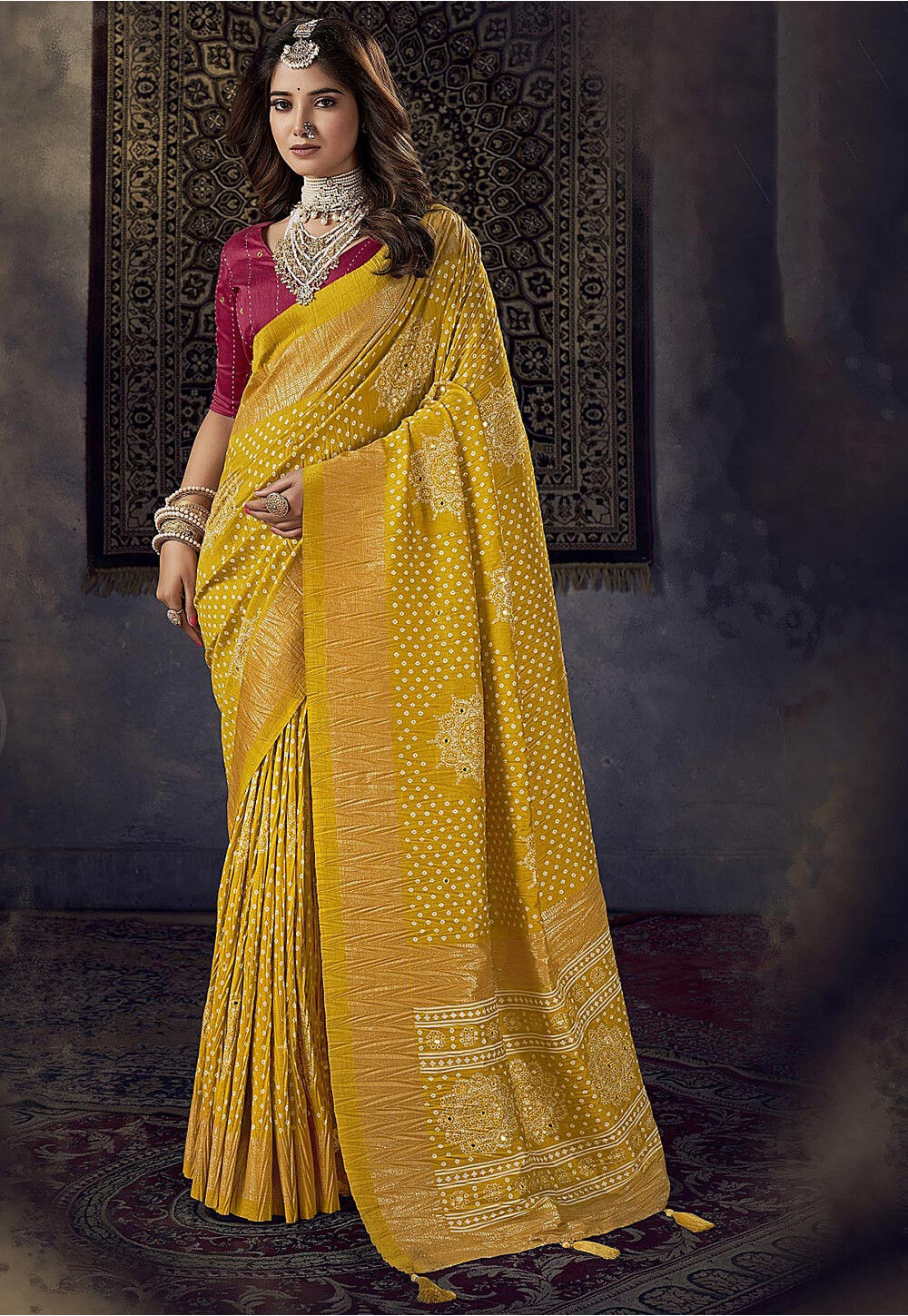 Buy Bandhje Printed Art Silk Saree in Dark Yellow Online : SEW15048 ...
