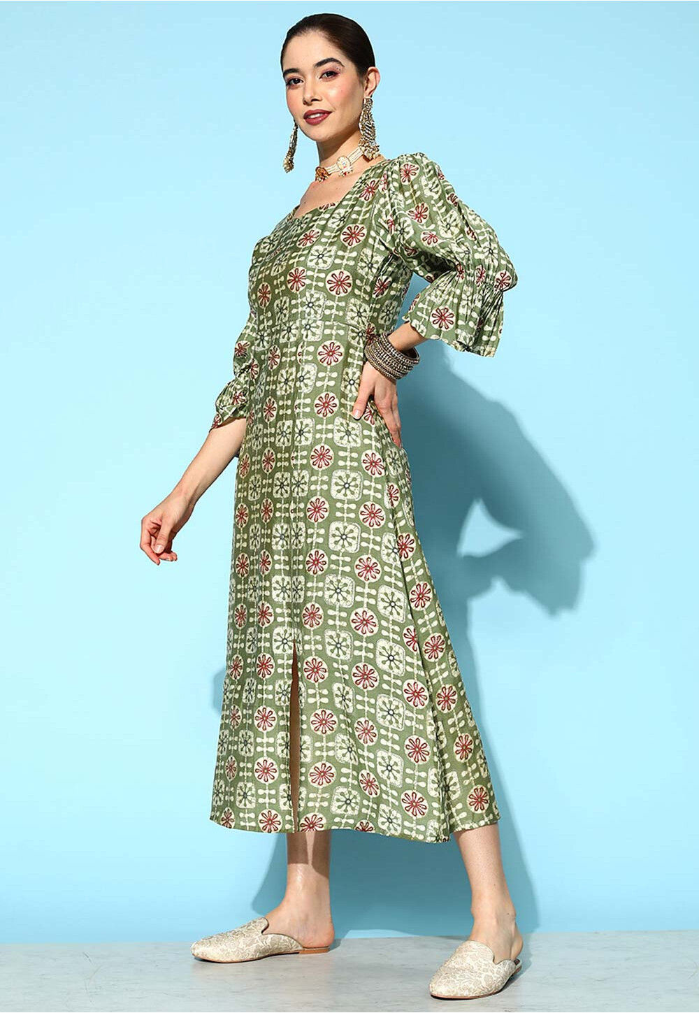 Buy Batik Printed Art Silk Front Slit Dress in Olive Green Online ...