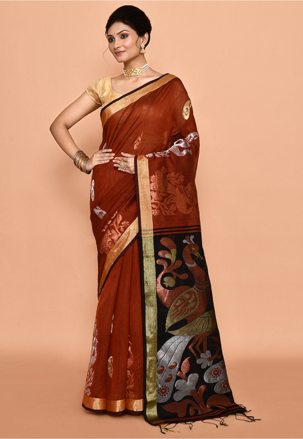 Buy Bengal Handloom Cotton Saree in Dark Rust Online : SAQA158 - Utsav ...
