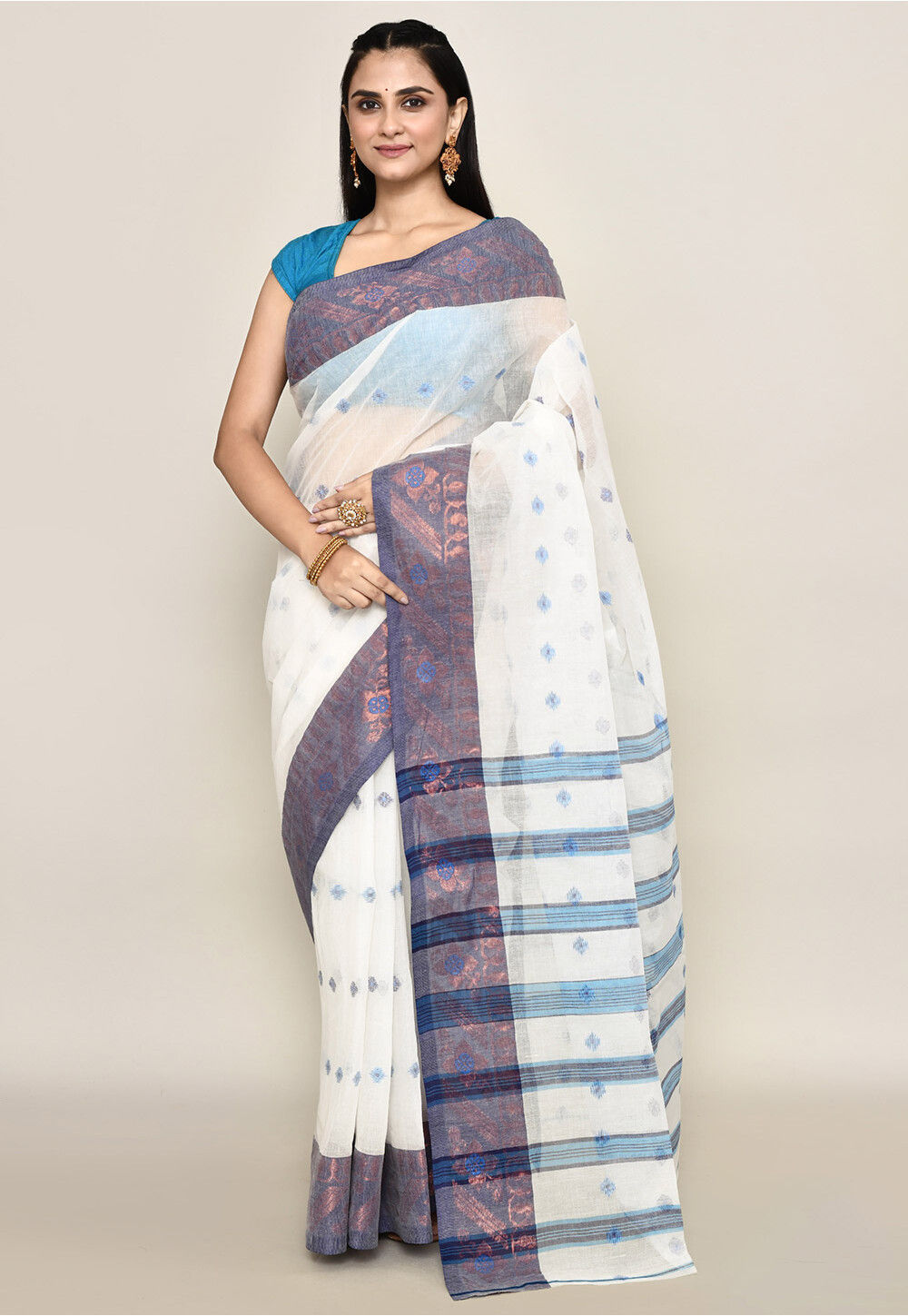 Buy Bengal Handloom Pure Cotton Tant Saree in Off White Online ...