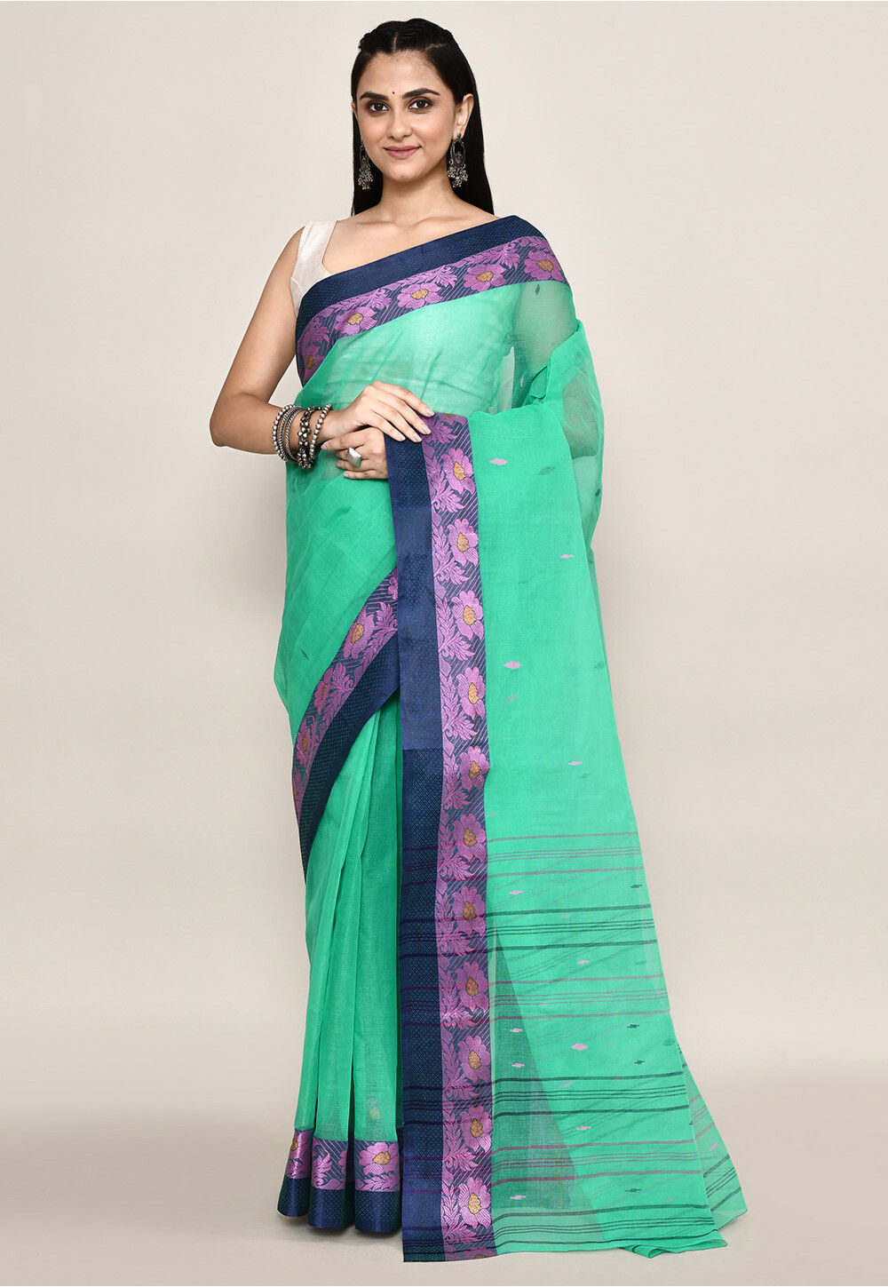 Buy Bengal Handloom Pure Cotton Tant Saree in Sea Green Online ...