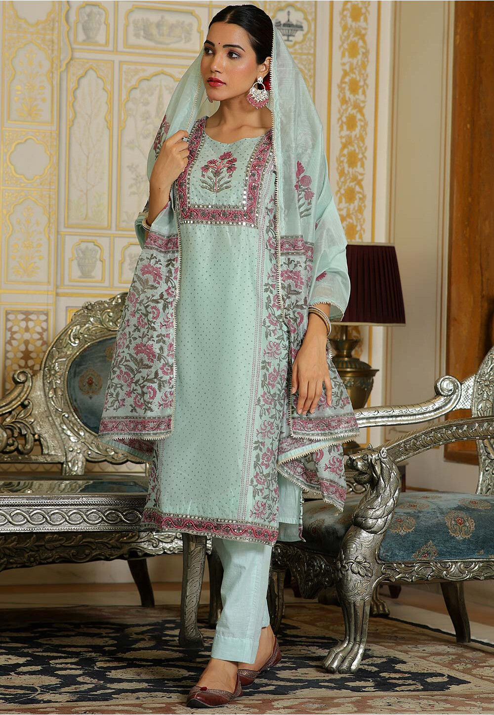 Buy Block Printed Art Chanderi Silk Pakistani Suit in Pastel Green ...